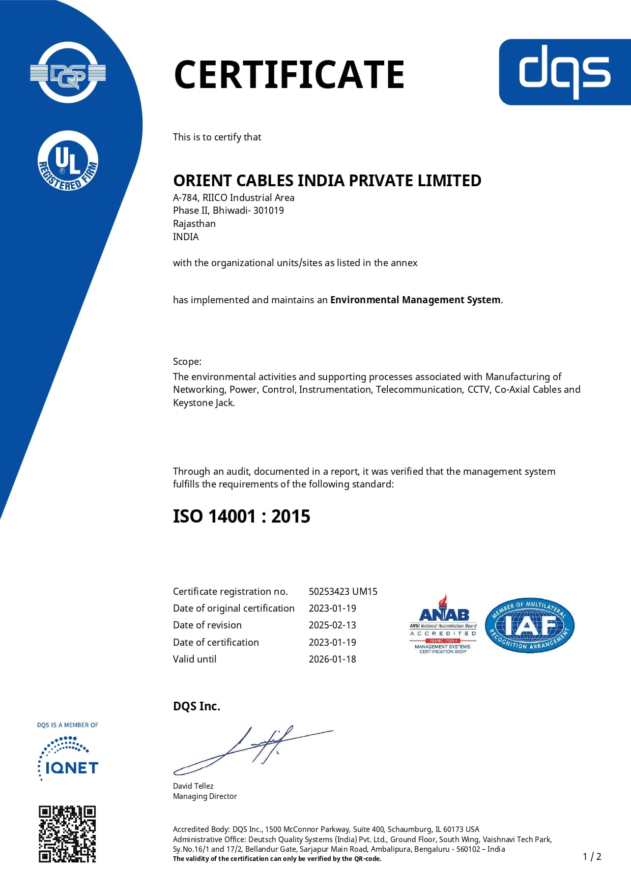 Certifications - Orient Cables